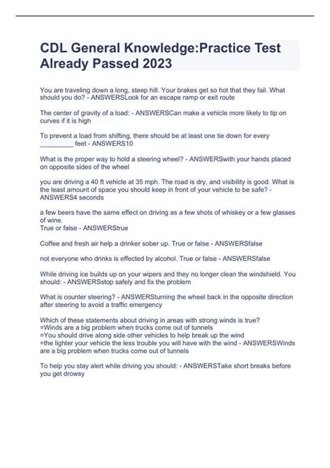 Cdl General Knowledge Practice Test Already Passed 2023 Cdl Stuvia Us