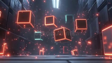 A Futuristic Scene With Floating Neon Cubes In A Dark Industrial