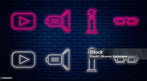 세트 라인 영화 스포트라이트 트로피 골든 글로브 플레이 및 3d 시네마 안경 벽돌 벽에 빛나는 네온 아이콘입니다 벡터 개념에 대한 스톡 벡터 아트 및 기타 이미지 Istock