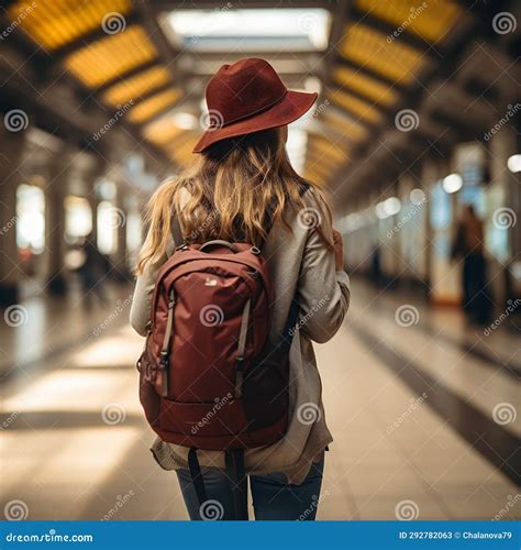 Young Tourist Woman At Train Station Waiting To Take A Train And Travel