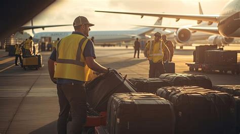 Premium Ai Image Airport Ground Operations Baggage Handlers Loading And Unloading Aircraft