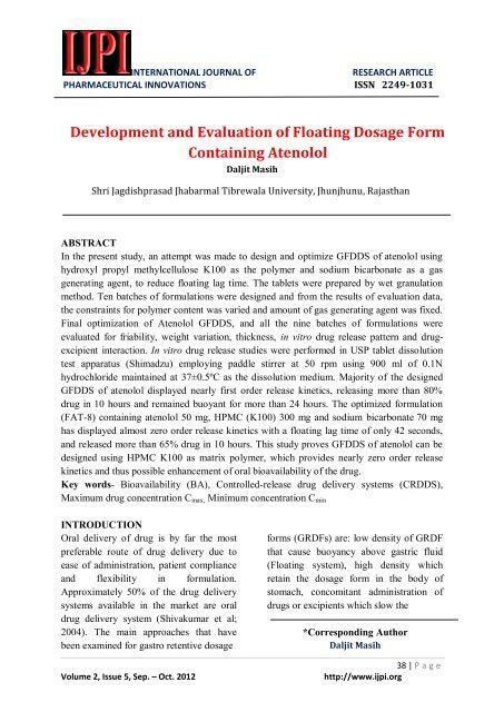 Development And Evaluation Of Floating Dosage Form Ijpi
