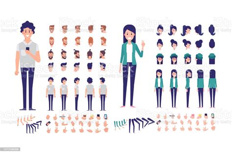 젊은 남자와 여자 창조와 다양 한 플레이 헤어스타일 포즈 제스처 설정 등장인물에 대한 스톡 벡터 아트 및 기타 이미지 등장