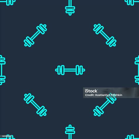 녹색 라인 Barbell 아이콘 은 파란색 배경에 원활한 패턴을 격리 근육 리프팅 아이콘 피트니스 바벨 체육관 스포츠 장비 운동 범벨 벡터 강철에 대한 스톡 벡터 아트 및