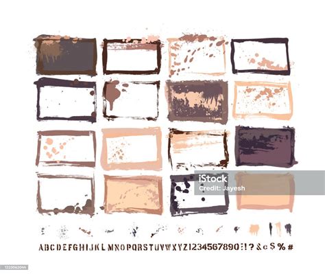 그래픽 디자인 필수 요소 실제 스캔 텍스처 브러시 스트로크 페인트 방울 및 스텐실 알파벳 세트로 페인팅 된 페이지 테두리 고해상도 Jpeg 및 그룹화 된 벡터 파일이