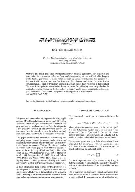 pdf robust residual generation for diagnosis including a reference