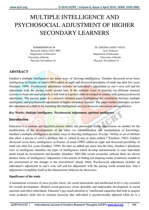 Pdf Multiple Intelligence And Psychosocial Adjustment Of Higher Secondary Learners