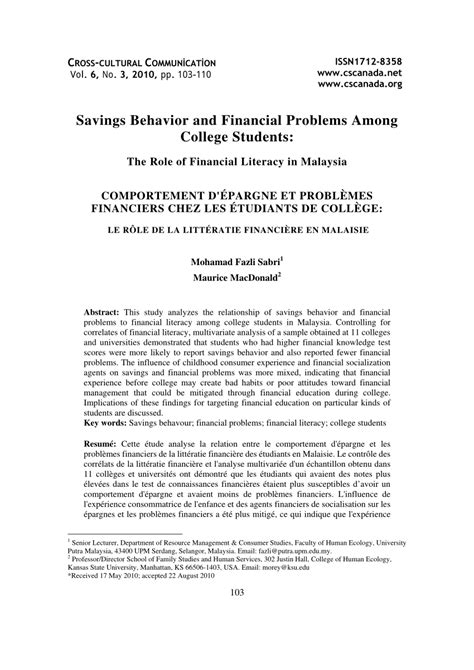 Savings Behavior And Financial Problems Among College Babes The Role Of Financial Literacy