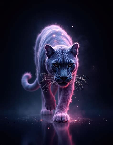 A Glowing Panther Walks Toward The Camera In A Dark Environment Stock