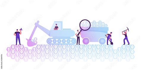 Vecteur Stock Data Mining Concept Workers With Pickaxe Spade And Excavator Digging Binary Code