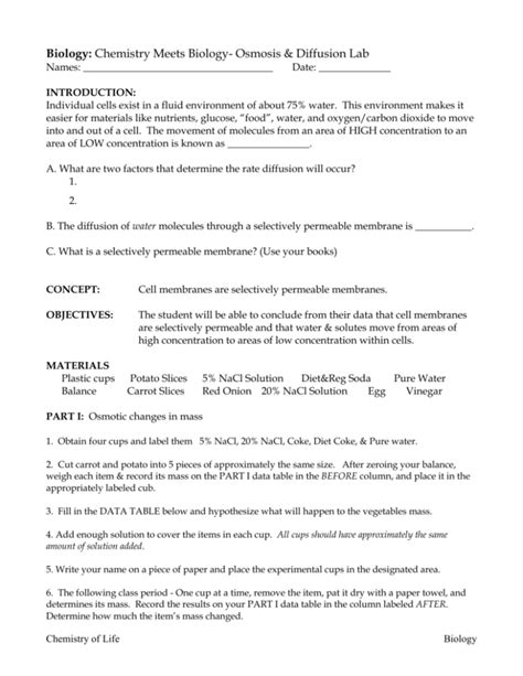 Osmosis Diffusion Lab Biology Experiment Worksheet