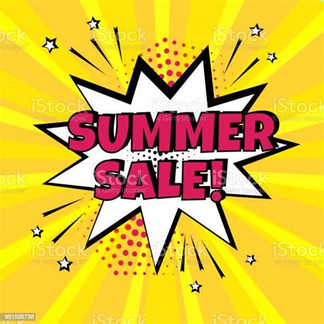백색 노란 배경에 여름 세일 단어로 만화 거품이 있다 팝 아트 스타일에서 만화 음향 효과입니다 벡터 일러스트입니다 가격에 대한 스톡 벡터 아트 및 기타 이미지 Istock