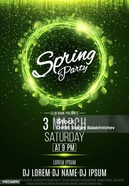 봄 파티 포스터입니다 네온 라인 소용돌이의 추상 배너입니다 신선한 녹색 잎 나이트 클럽에 초대 카드입니다 클럽 Dj의 이름입니다 빛나는 먼지 벡터 일러스트입니다 Eps 10