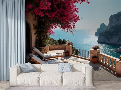 Mediterranean Sea View Wallpaper Coastal Balcony Wall Mural For Bedroom