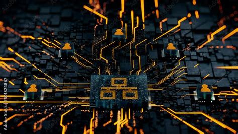 Network Technology Concept With Ethernet Symbol On A Microchip Orange Neon Data Flows Between