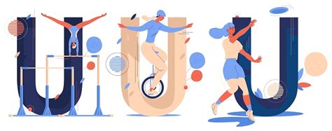 스포츠 편지 U 컬렉션 은 흰색에 고립 고르지 않은 바 교육 비행 디스크와 궁극적 인 선수 외발 자전거 라이더 베이지색과 오렌지로 그려진 파란색 문자 가공의 인물에 대한