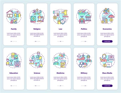 Social Institutions Onboarding Mobile App Screen Set Walkthrough 5 Steps Graphic Instructions