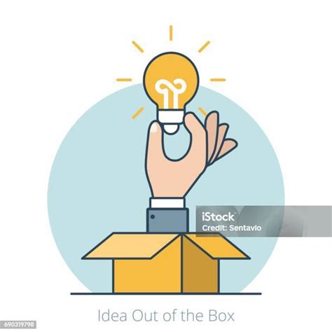 램프 벡터 일러스트 레이 션을 들고 상자에서 선형 평면 사업가 손 생각 밖으로 상자 사업 개념입니다 계획에 대한 스톡 벡터 아트