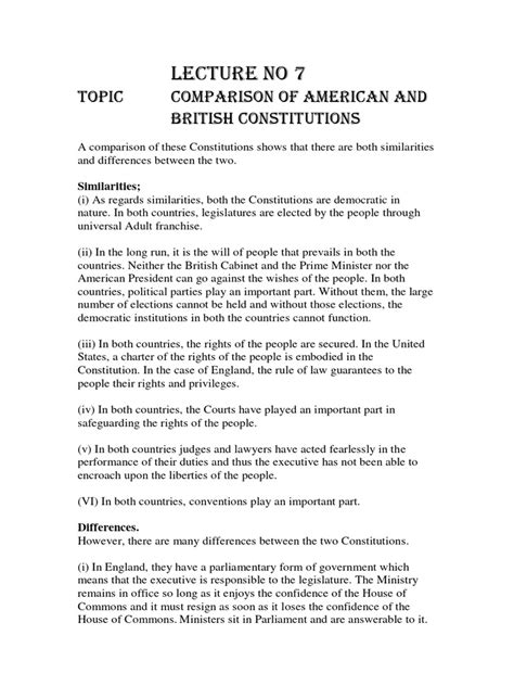 Comparison Of American And British Constitutions Pdf Constitution