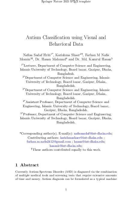 Pdf Autism Classification Using Visual And Behavioral Data