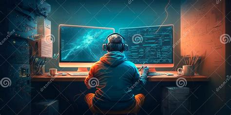 programmer working behind computer modern interior generative ai stock illustration