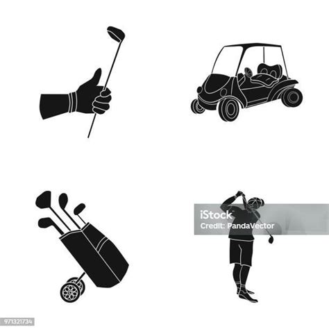 Gloved 손을 막대기 골프 카트 트롤리 가방 가방에 막대기와 막대기로 망치 질 하는 남자 골프 클럽 블랙 스타일 벡터 기호 재고 일러스트 레이 션 웹에서 컬렉션 아이콘을