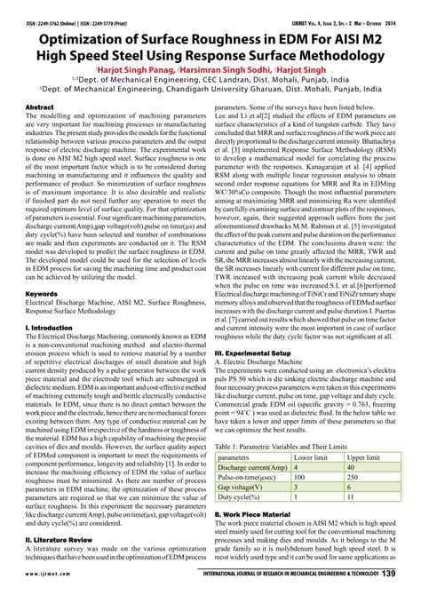 Pdf Optimization Of Surface Roughness In Edm For Aisi M2 High Speed Steel Using Response