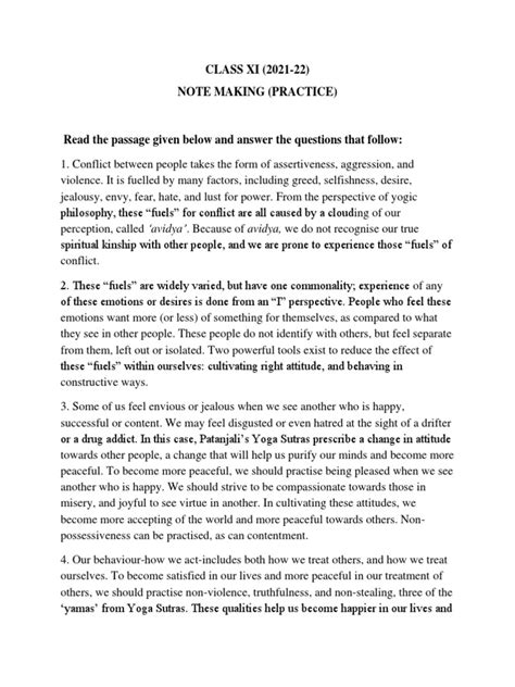 Class Xi 2021 22 T2 Note Making Practice Download Free Pdf Jealousy Yoga
