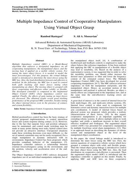 Pdf Multiple Impedance Control Of Cooperative Manipulators Using Virtual Object Grasp