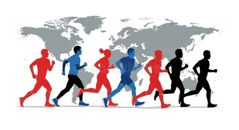 Diverse Runners In Motion With World Map Background Isolated On White