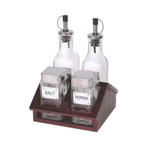 Комплект за подправки с 4 стъклени части и дървена поставка Emag Bg