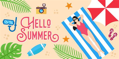 해변 벡터 일러스트레이션의 여름 휴가 여름 방학 벡터 플랫 디자인 일러스트 배너 전단지 초대 포스터 브로셔에 대한 추상여름 배경 디자인 템플릿 0명에 대한 스톡 벡터 아트