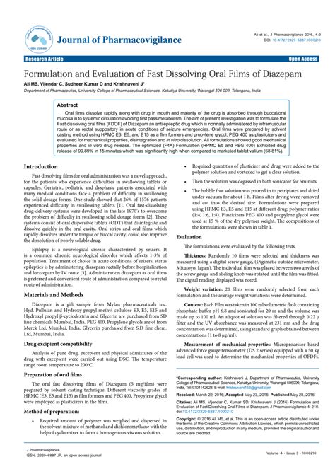 Pdf Formulation And Evaluation Of Fast Dissolving Oral Films Of Diazepam