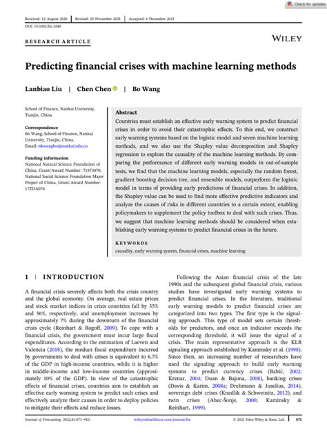 Predicting Financial Crises With Machine Learning Methods Pdf