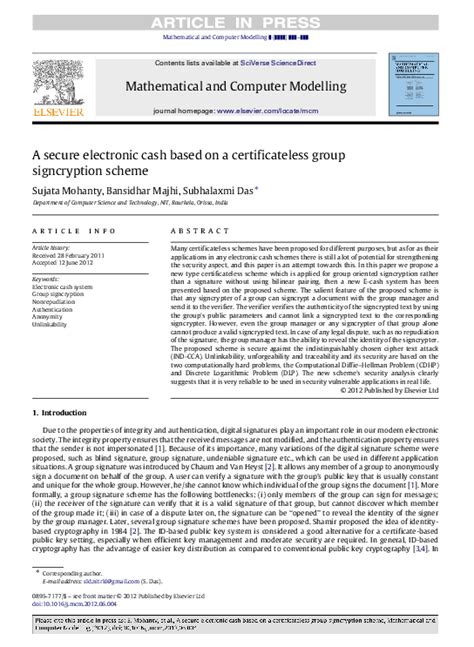 Pdf A Secure Electronic Cash Based On A Certificateless Group Signcryption Scheme