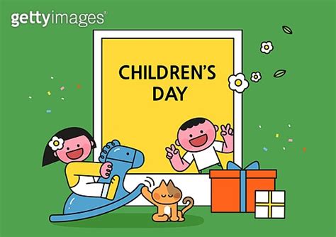 어린이날 홀리데이 가정의달 어린이 나이 선물상자 상자 고양이 고양잇과 폴라로이드 프레임 흔들목마 장난감 이미지 Jv12563902 게티