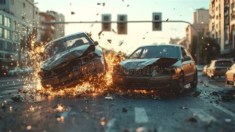 Two Cars Collide In Urban Setting With Debris And Sparks Flying Generative Ai Stock Image