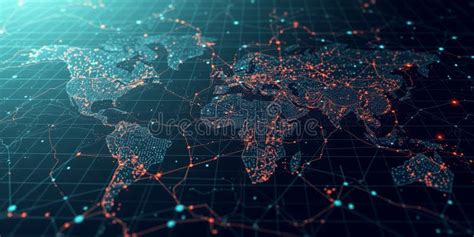 digital world map with interconnected nodes and lines representing
