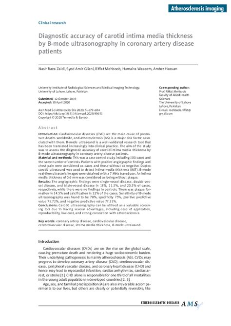 Pdf Diagnostic Accuracy Of Carotid Intima Media Thickness By B Mode Ultrasonography In