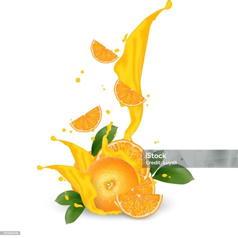튀는 주스 우유 요구르트 오렌지 조각 오렌지 잎입니다 달콤한 오렌지 스플래시 포장 템플릿입니다 떨어지는 조각 3차원 형태에 대한 스톡 벡터 아트 및 기타 이미지 Istock