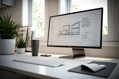 Architect Office Project Concept Computer Screen On White Work Desk Showing House Blueprints In