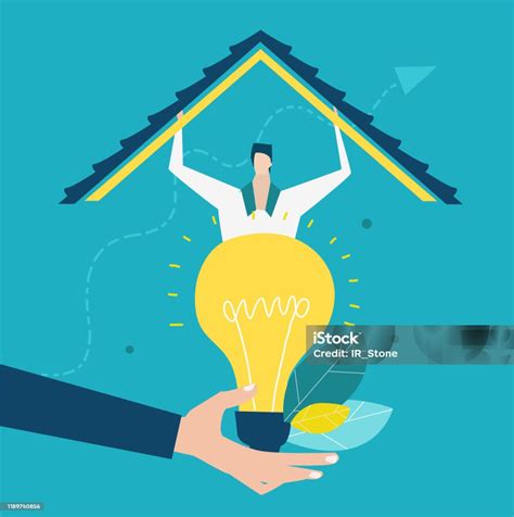 창의력 새로운 아이디어와 사업을 개발하는 방법의 상징을 나타내는 전구 위에 지붕을 들고 사업가 도움말 보호 지원 가능성에 대한