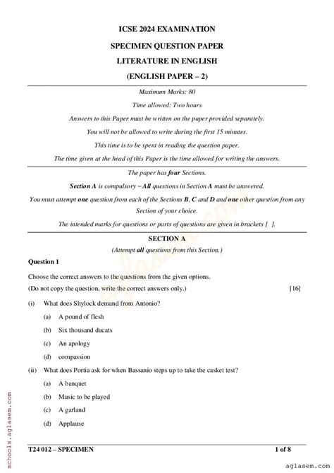 Icse Class 10 English Literature Specimen Paper 2024 Pdf