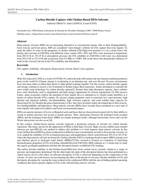 Pdf Carbon Dioxide Capture With Choline Based Dess Solvents