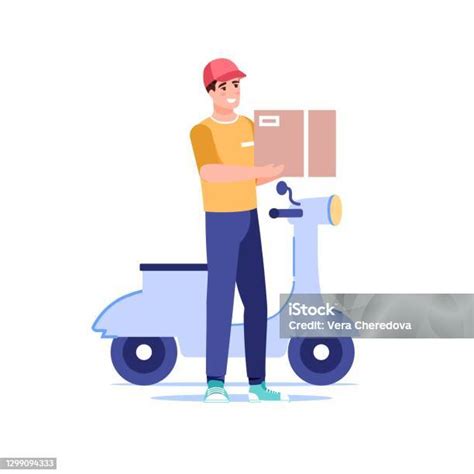 플랫 만화 택배 캐릭터 는 온라인 구매를 수행 주문 배달 서비스 벡터 일러스트 개념 고객에 대한 스톡 벡터 아트 및 기타 이미지 고객 구매 디자인 Istock