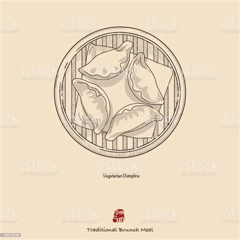 손으로 그린 벡터 딤섬 일러스트레이션 채식만두 빈티지 스타일 디자인 하프톤 점과 한 가지 색상으로 선으로 스케치되어 다양한 색상 배경에서 사용하기 쉽습니다 Jiaozi에