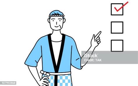 여름 축제를 위해 해피 코트를 입은 노인이 체크리스트를 가리키고 있다 Awa Dance Festival에 대한 스톡 벡터 아트