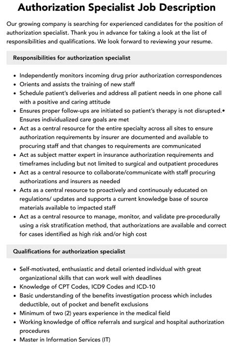 Authorization Specialist Job Description Velvet Jobs