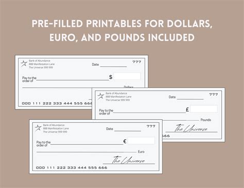 Printable Cheque Templates For Manifestation Abundance Manifestation Kit Dollars Euro Pounds