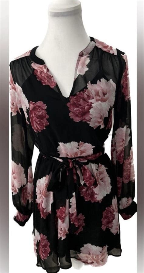Nwt Banana Republic Black Red And Pink Floral Sheer Long Sleeve Dress